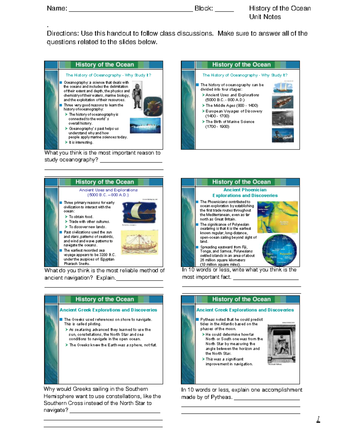 HIST 101: History of the Ocean Unit Notes for Class Discussions - Studocu