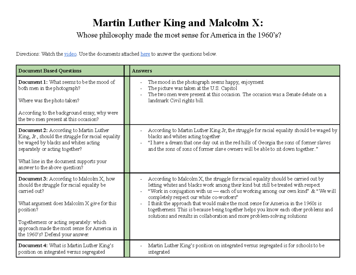 DBQ: Examining MLK and Malcolm X's Philosophies in 1960s America - Studocu
