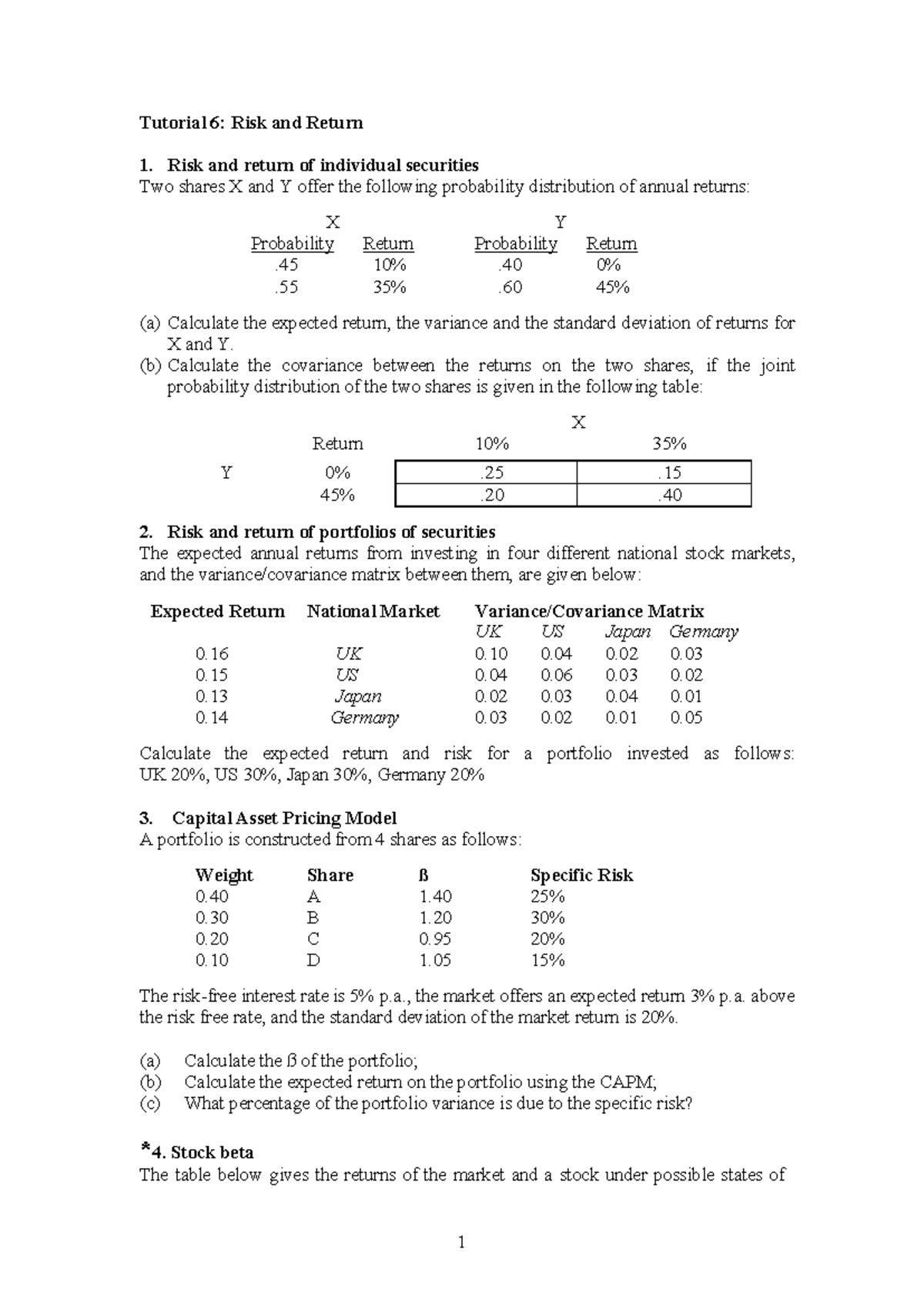 Po F Tutorial 6 Questions - 1 Tutorial 6: Risk and Return Risk and ...