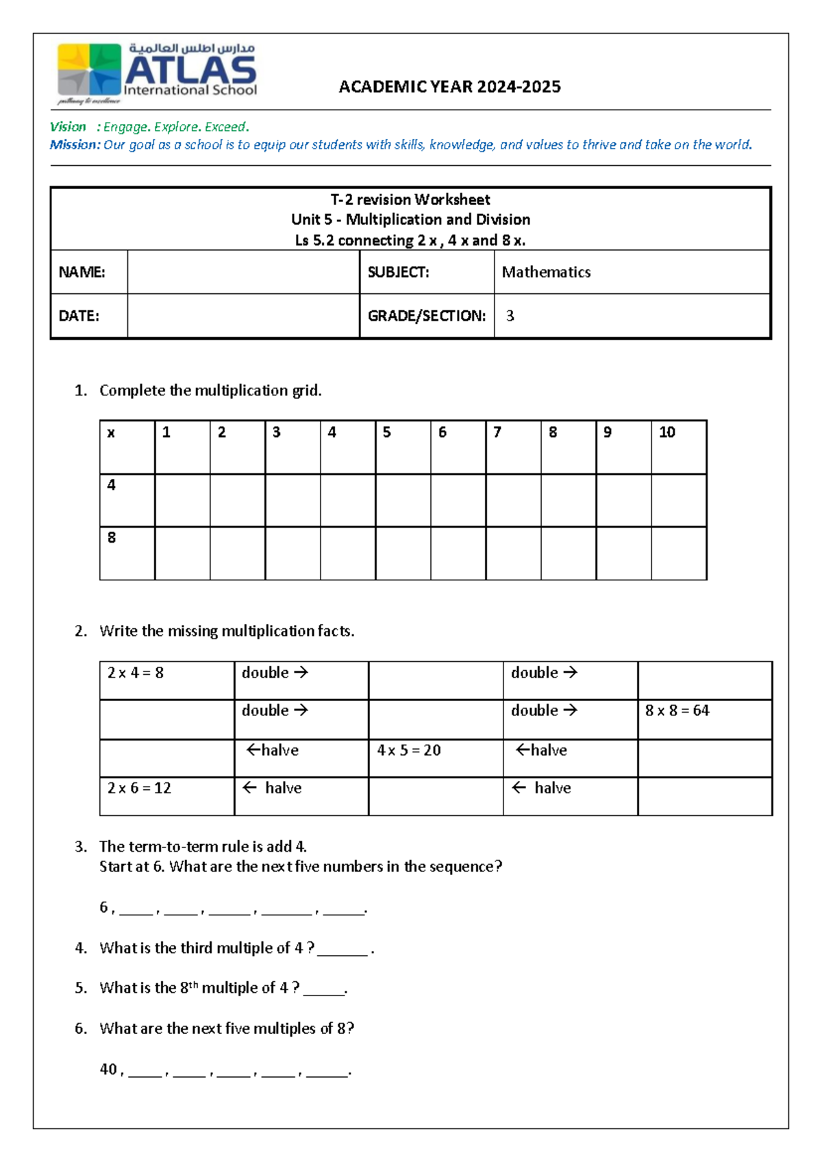 Mathematics Revision Worksheet: Unit 5 Multiplication & Division - Studocu
