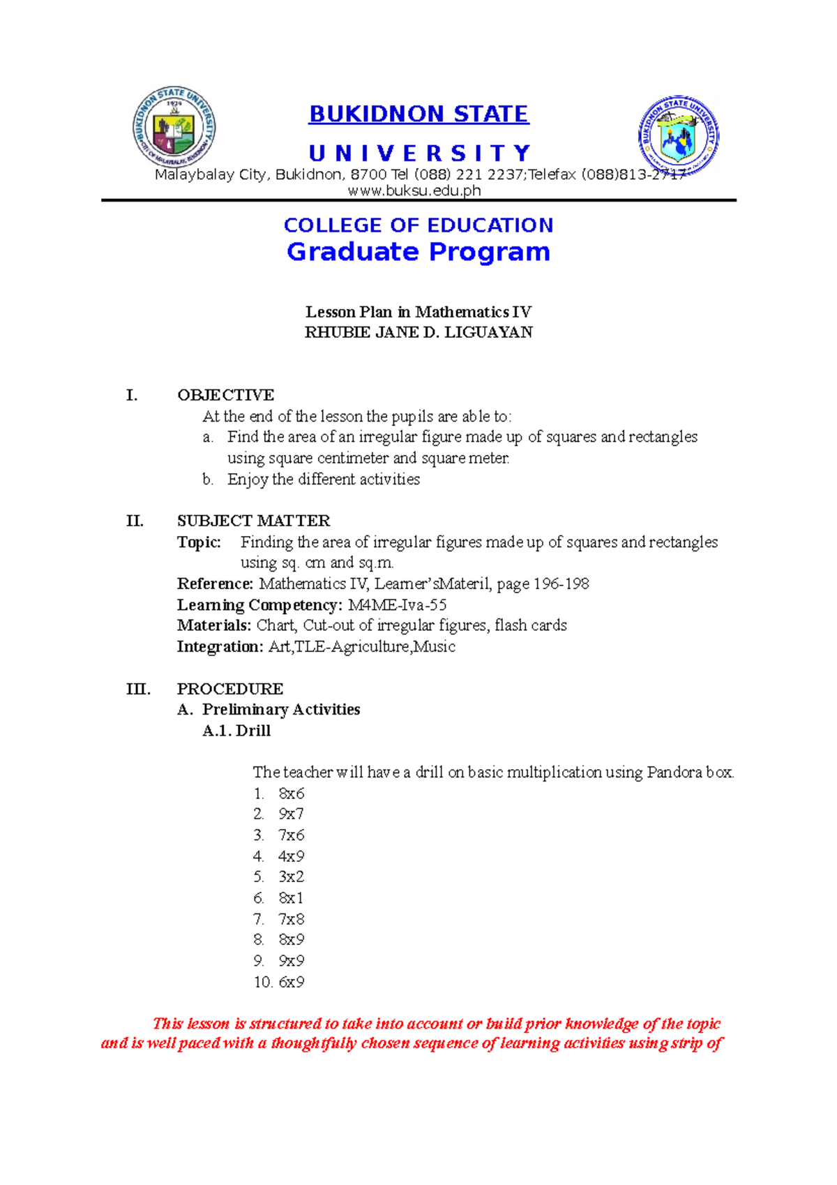 Mathematics IV Lesson Plan: Finding Areas of Irregular Figures - Studocu