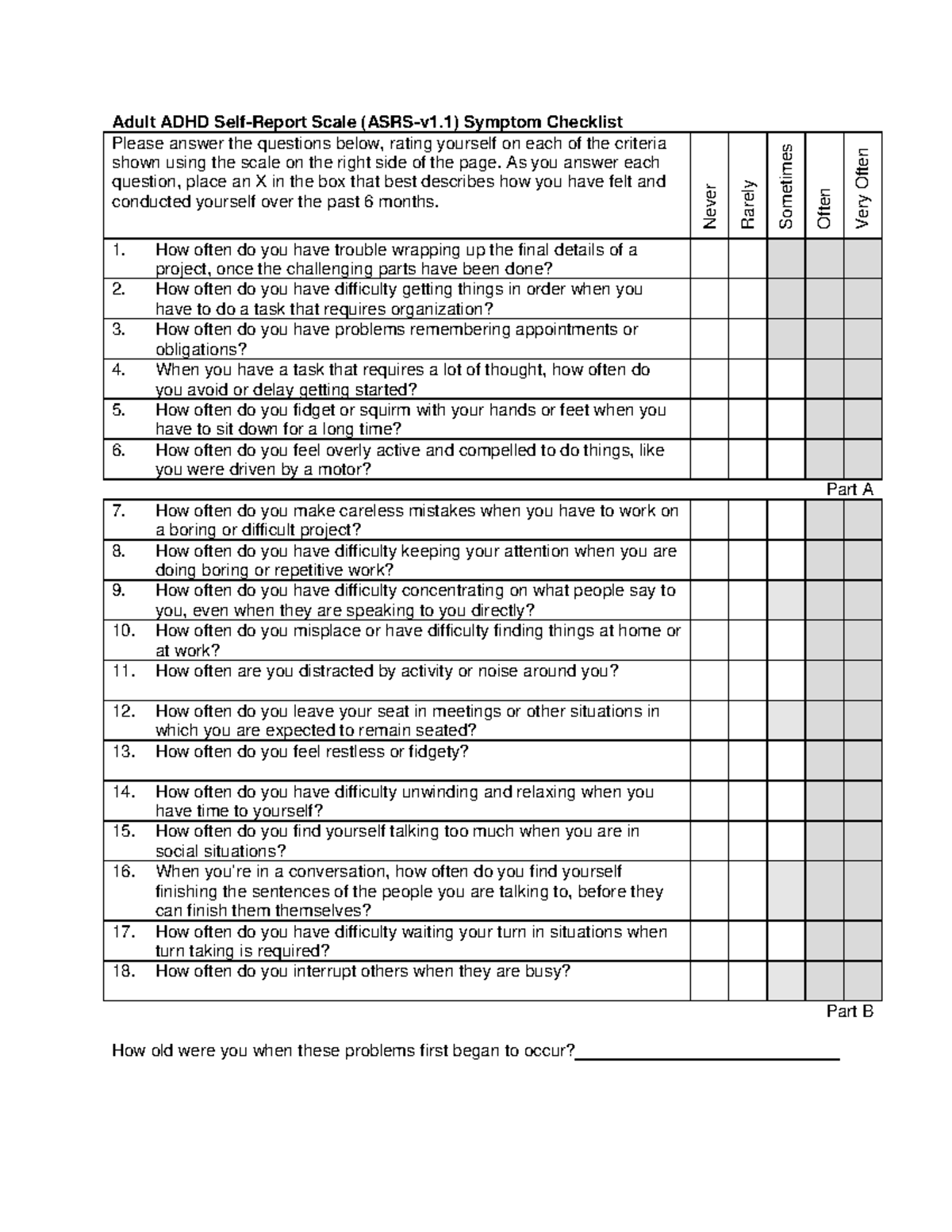 Adult ADHD Self-Report Scale (ASRS-v1.1) Symptom Checklist - Studocu