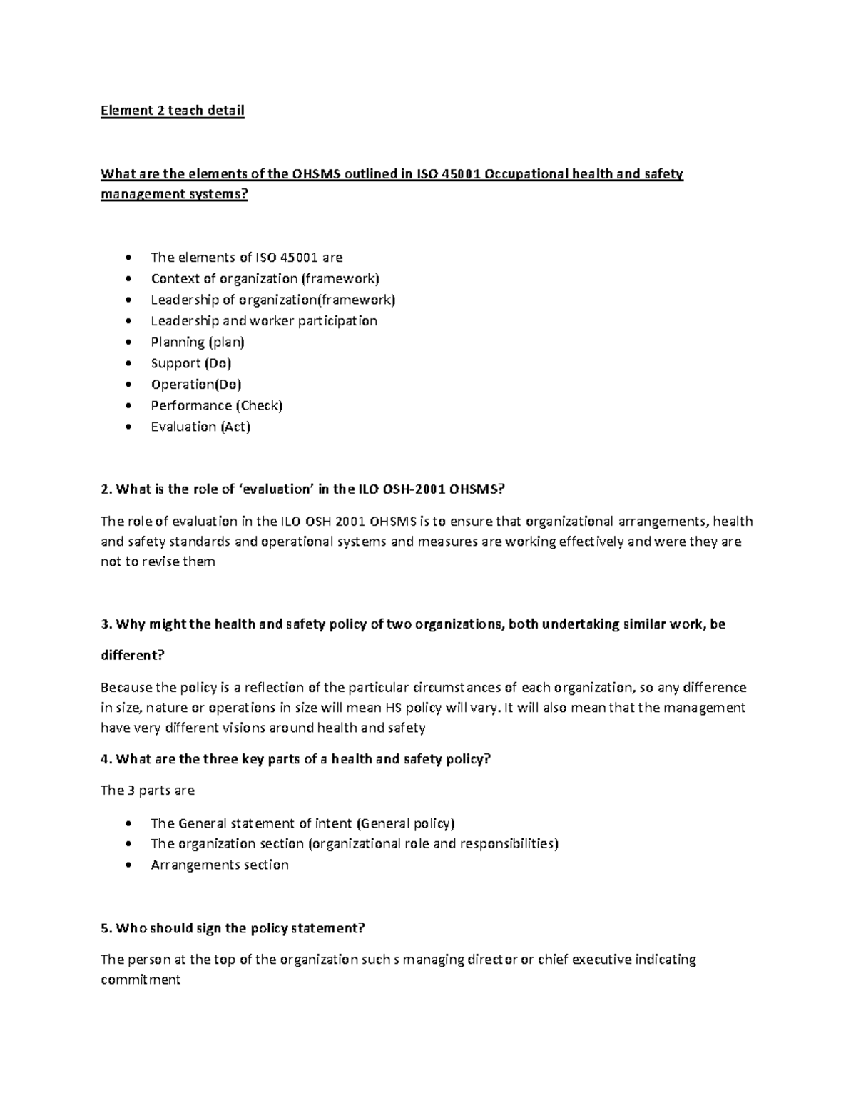 Unit 2 Study Questions: ISO 45001 OHSMS Elements and Policies - Studocu