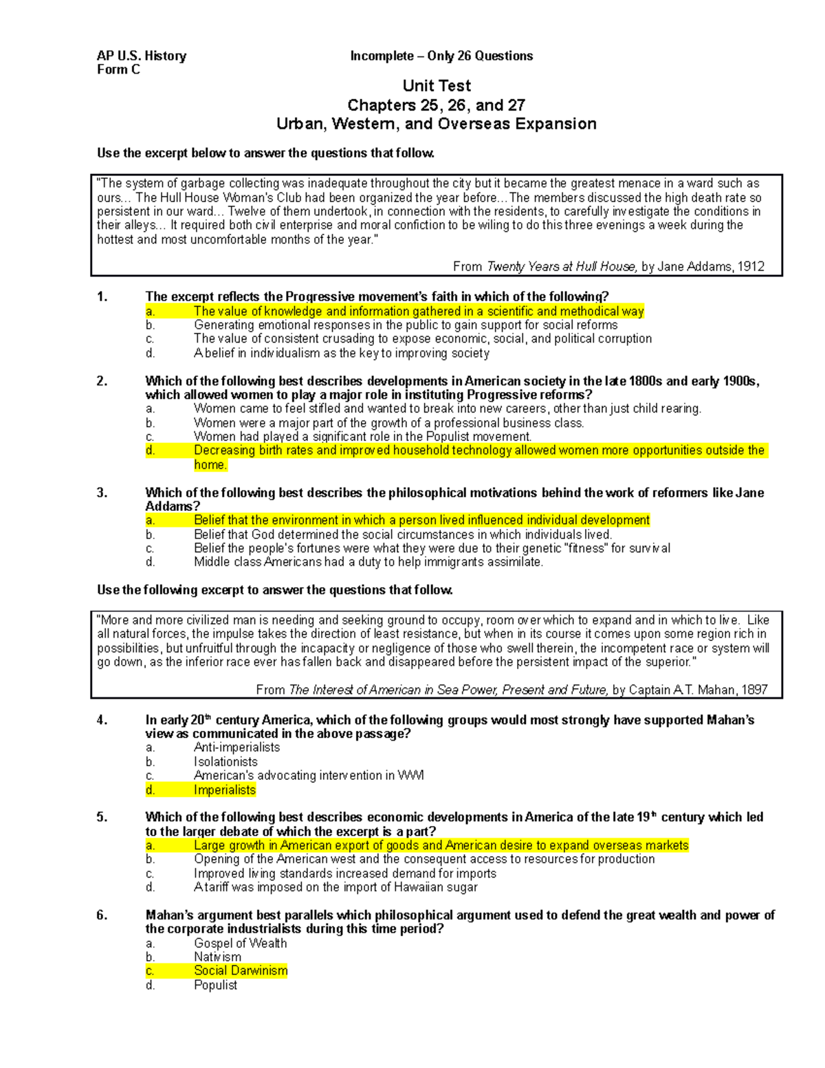 Chapters 25-27 APUSH Unit Test: Urban, Western, and Overseas Expansion ...