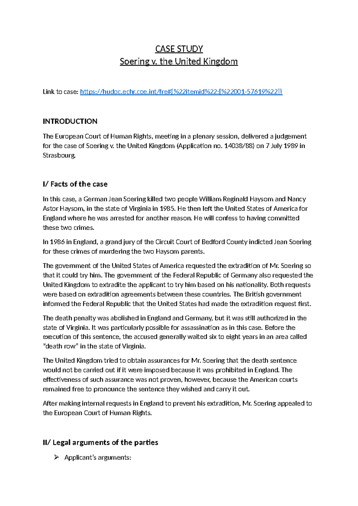 Case Study Analysis: Soering v. UK - Human Rights Implications - Studocu