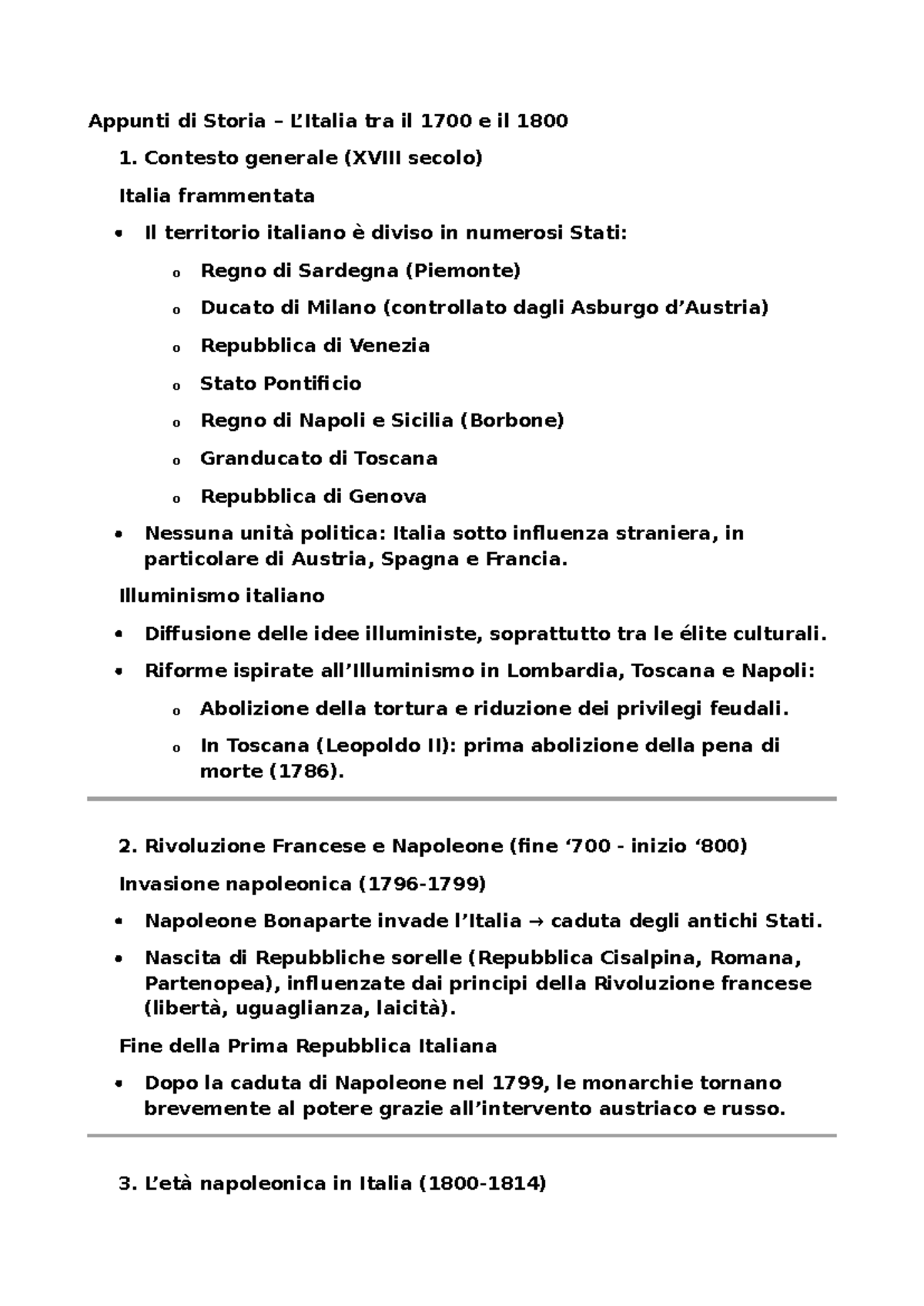 Appunti di Storia Italiana: 1700-1800 - Contesto e Rivoluzioni - Studocu