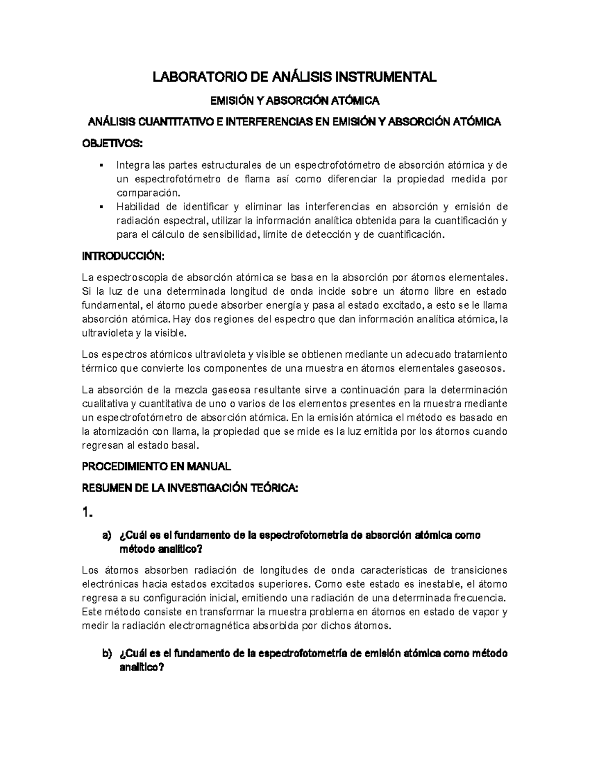 Sesión 14: Análisis de Emisión y Absorción Atómica en Laboratorio - Studocu