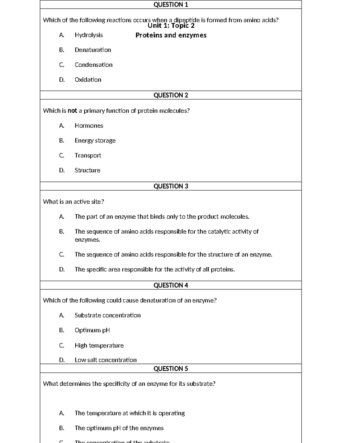 Unit 1: Topic 2 Proteins and Enzymes - MCQ Questions - Studocu