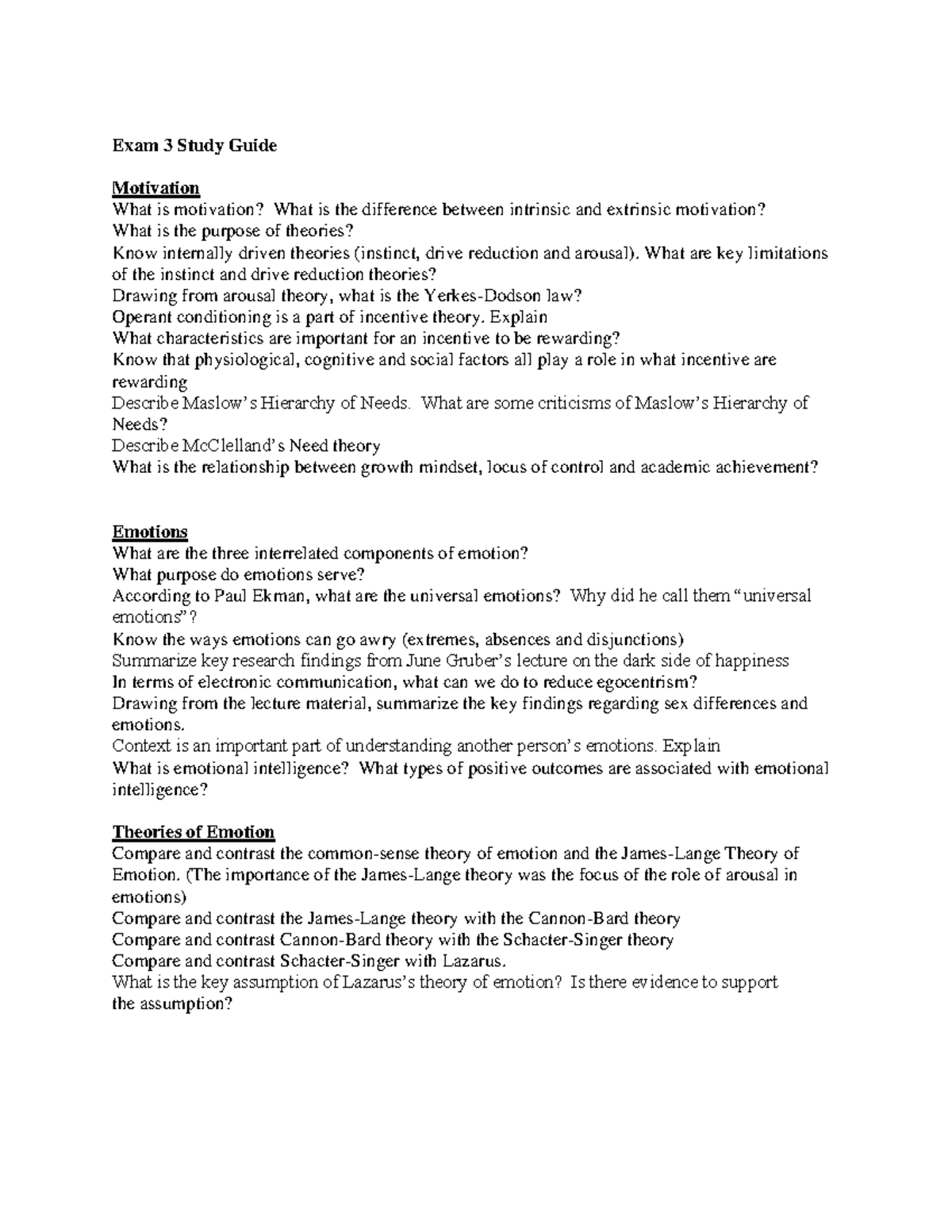 Psych 1010 Exam 3 Comprehensive Study Guide on Motivation & Emotions ...
