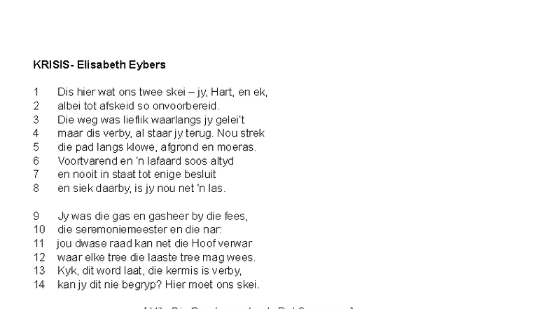 Krisis Eksamenvrae - Gedig van Elisabeth Eybers Analise - Studocu
