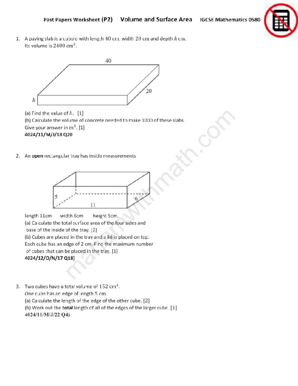 Volume and Surface Area Past Papers (P2) IGCSE Mathematics 0580 - Studocu
