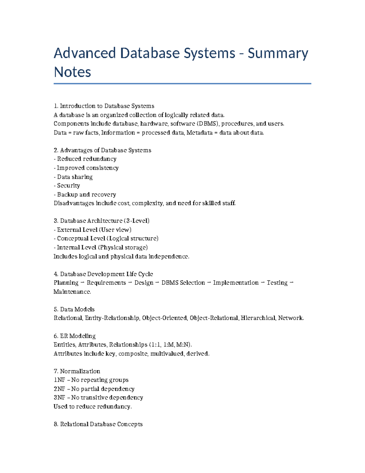 Advanced Database Systems Summary Notes - DB 101 - Studocu