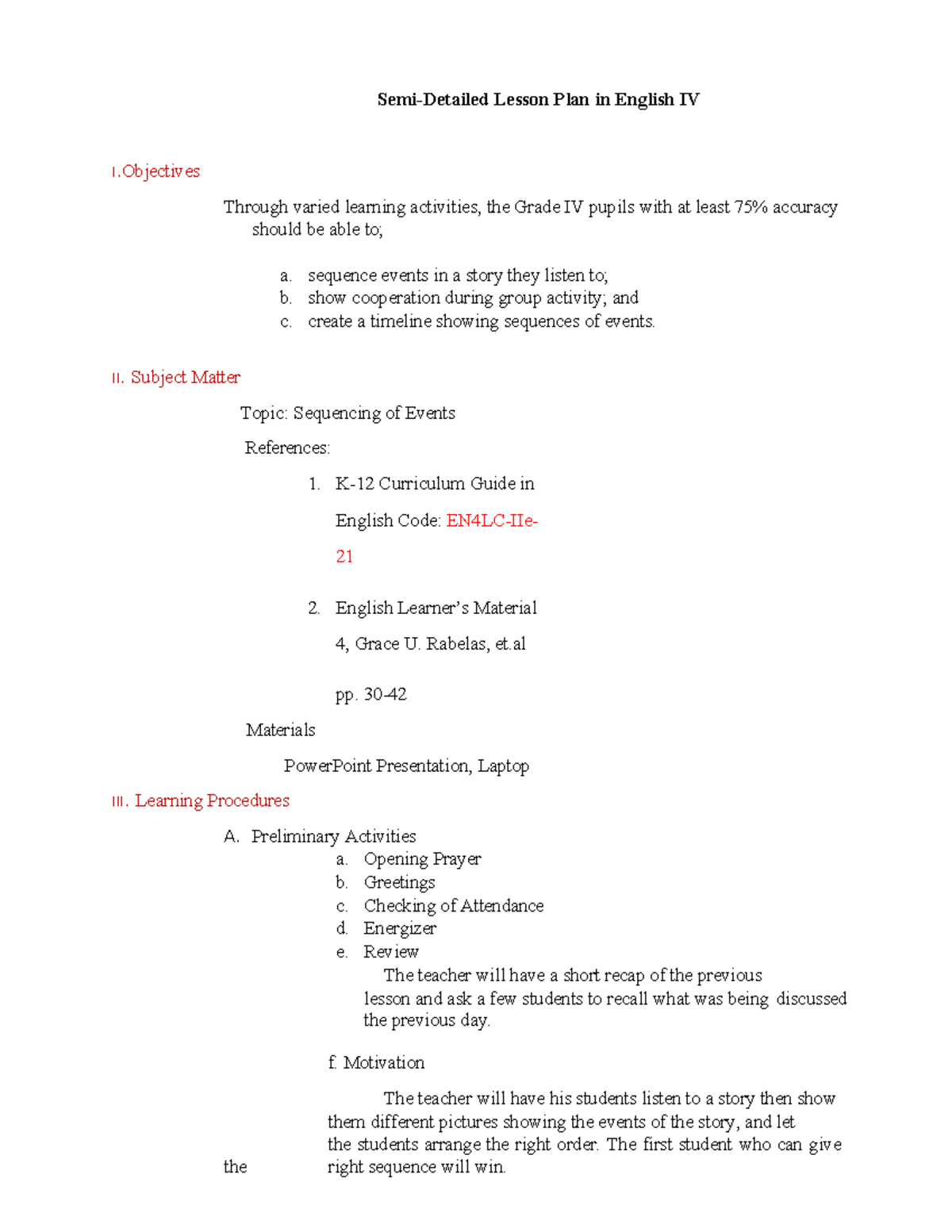 Lesson Plan on Sequencing Events for English IV EN4LC-IIe-21 - Studocu