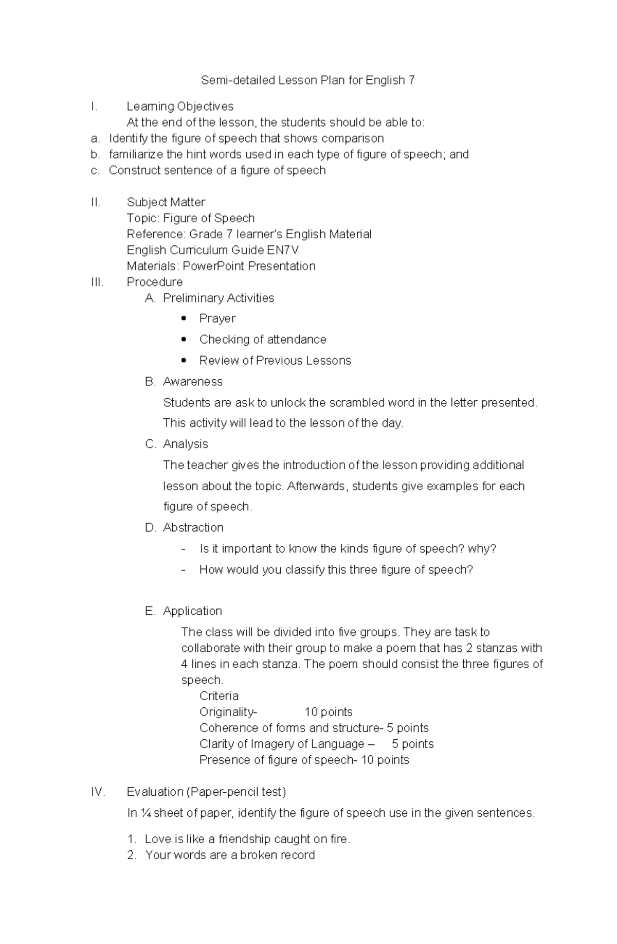 Semi-Detailed Lesson Plan for English 7: Figures of Speech - Studocu
