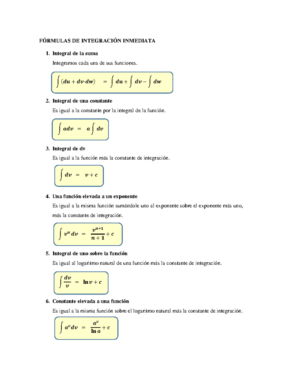Reglas para Integrales Inmediatas - FÓRMULAS DE INTEGRACIÓN 1 - Studocu