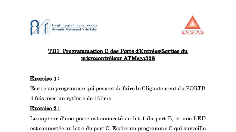 TD1: Programmation C pour le microcontrôleur ATMega328 - Exercices - Studocu