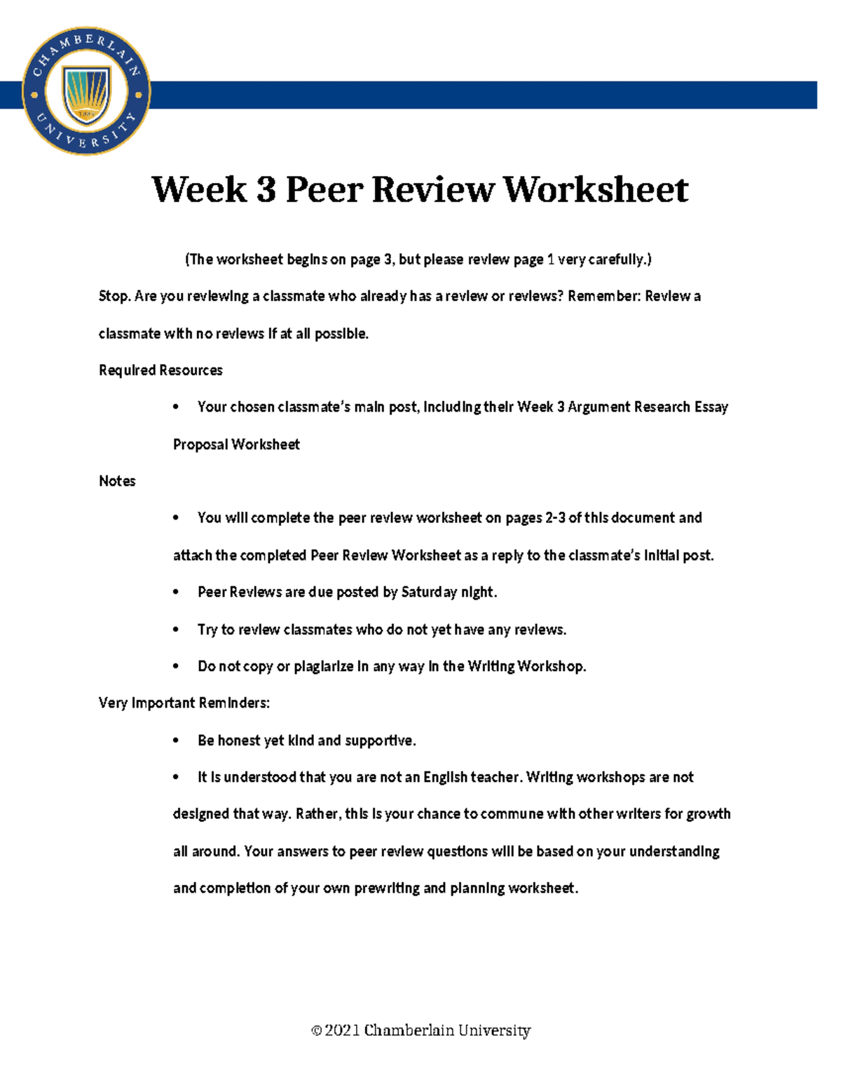 Week 3 peer review - Week 3 Peer Review Worksheet (The worksheet begins ...
