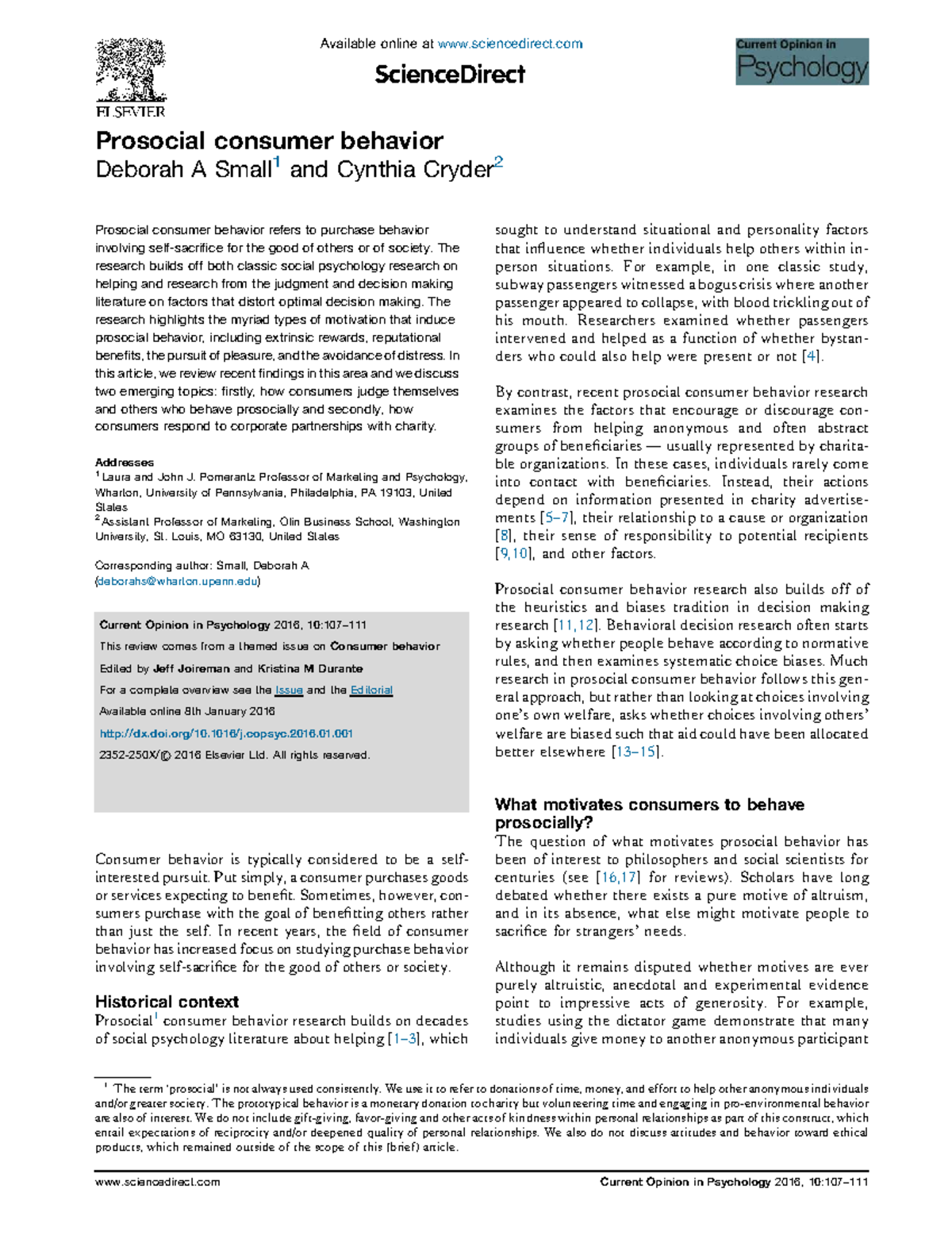 Prosocial Consumer Behavior: Insights from Small & Cryder (Course Code ...