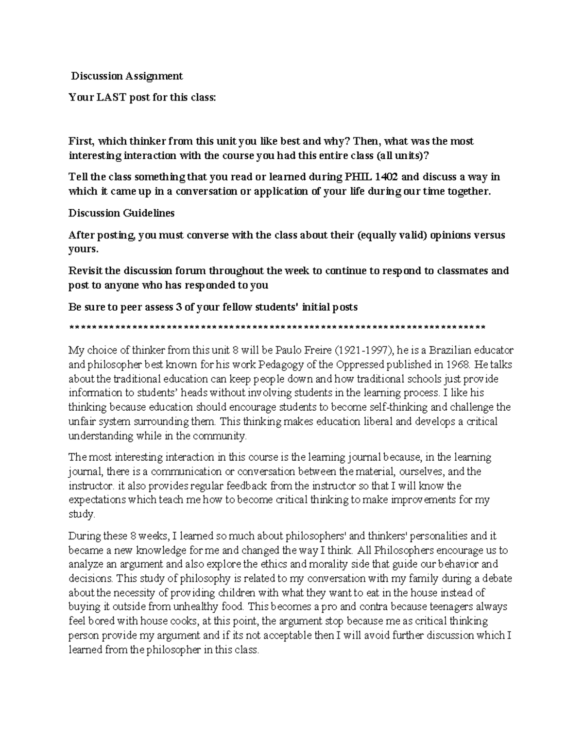 PHIL 1402 - Unit 8 Discussion Assignment: Reflections on Thinkers and ...