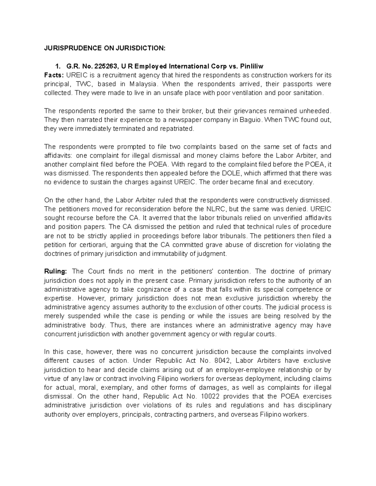 JURISPRUDENCE ON LABOR RELATIONS: G.R. No. 225263 to 244695 Cases - Studocu
