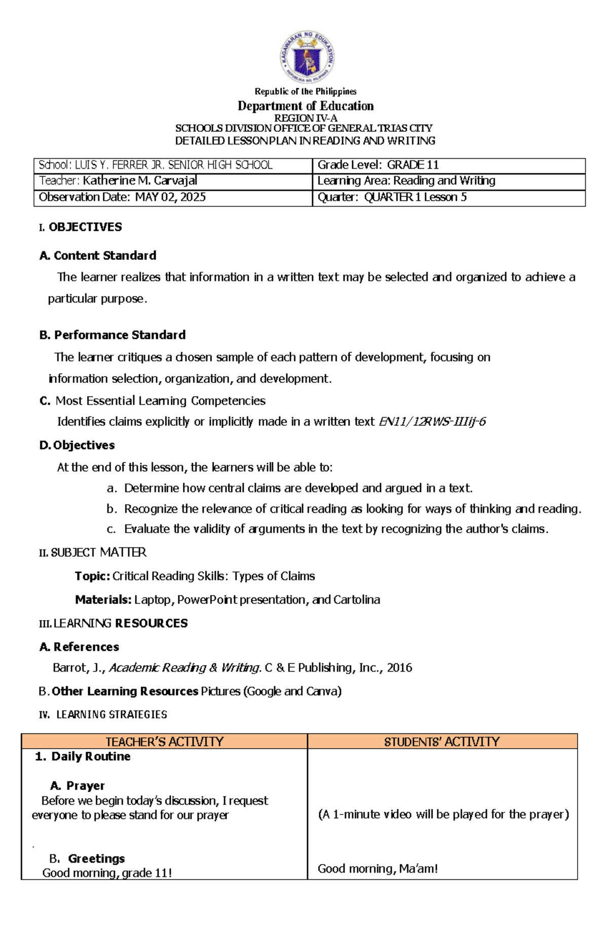 R&W 11 Detailed Lesson Plan: Critical Reading Skills & Claims - Studocu
