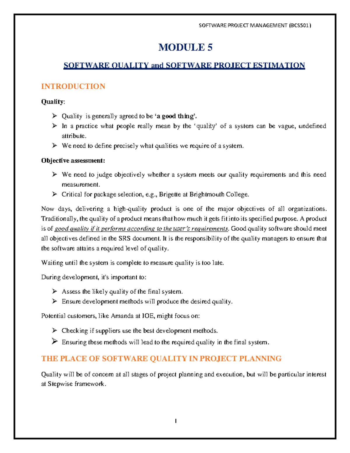 BCS501 Module 5: Software Quality & Estimation in Project Management ...