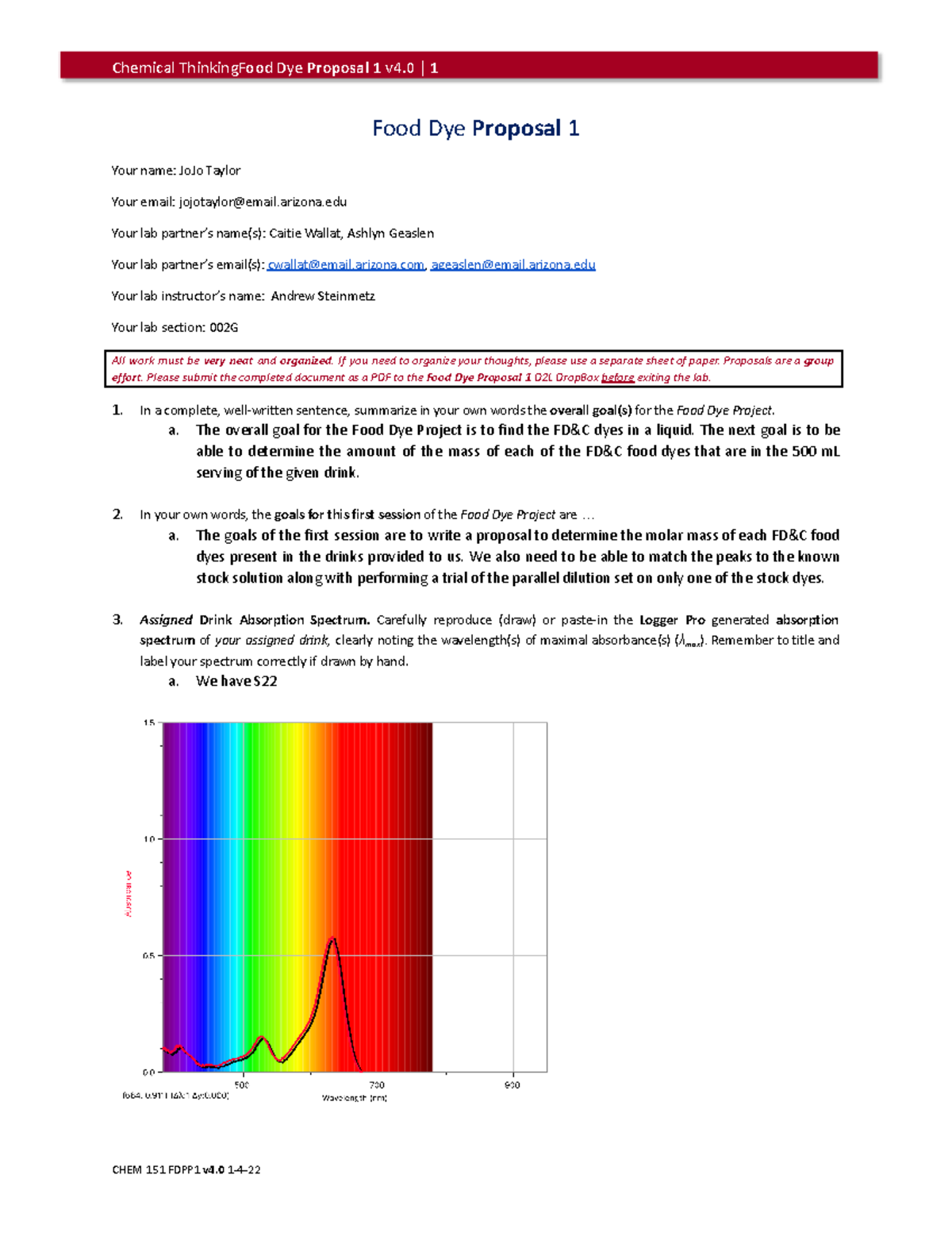 CHEM 151 Proposal: Food Dye Project Analysis (Version 4) - Studocu
