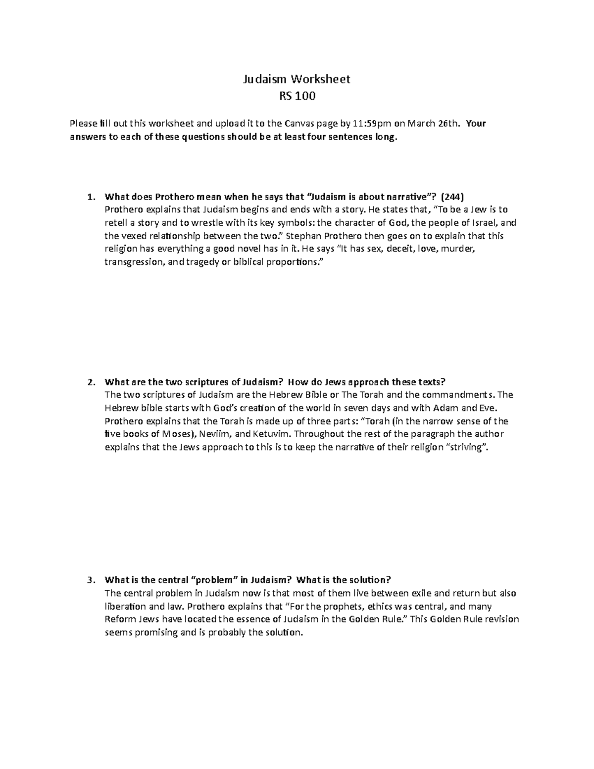Judaism Worksheet - Your answers to each of these questions should be ...