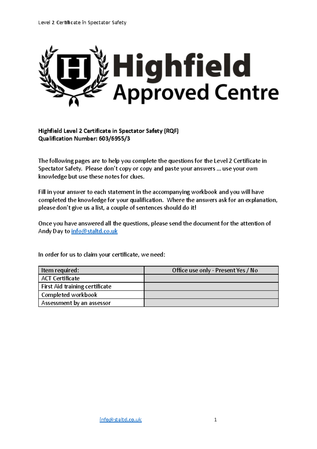 Highfield Level 2 Certificate in Spectator Safety - Study Notes - Studocu
