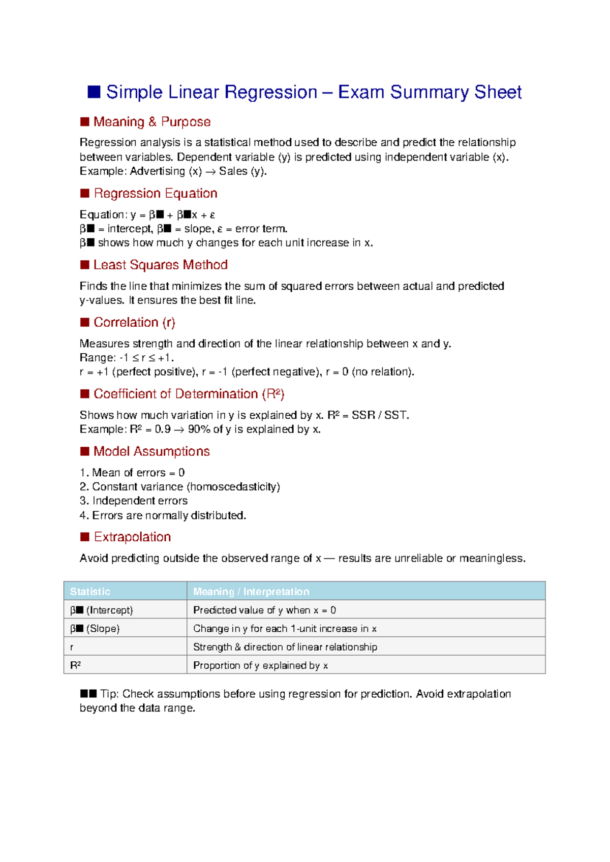 Simple Linear Regression Exam Summary Sheet - Studocu