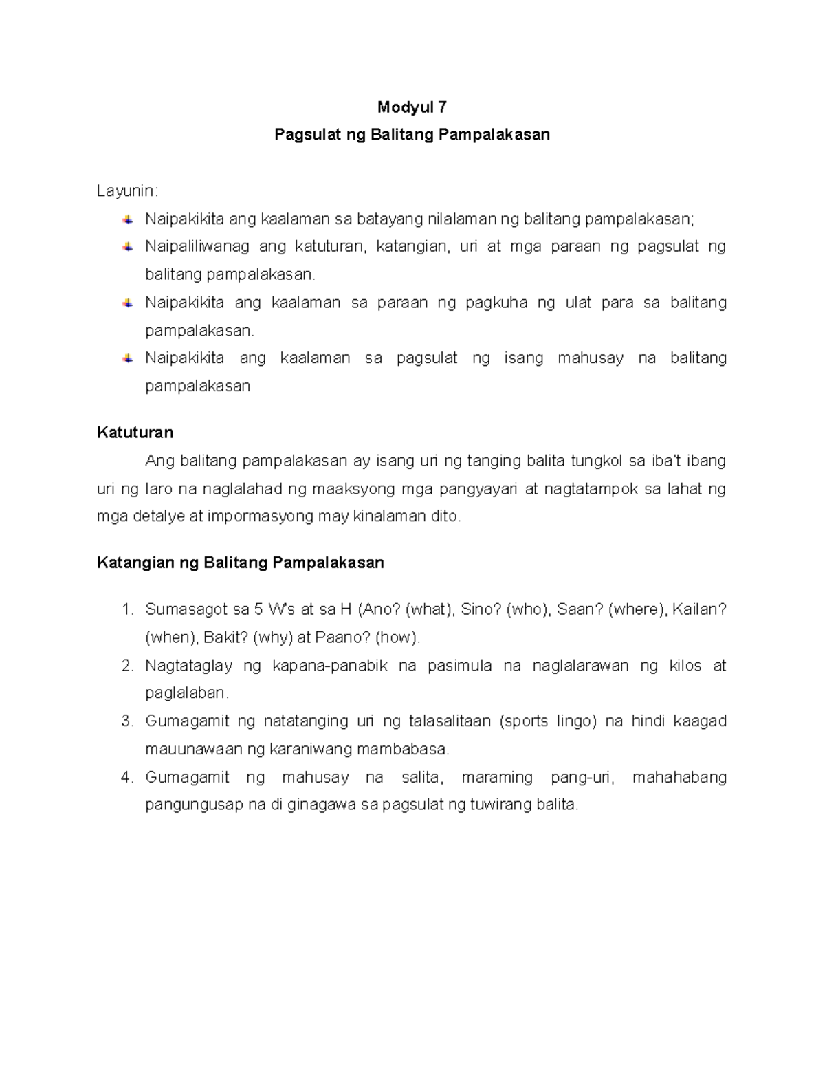Modyul 7: Pagsulat ng Balitang Pampalakasan at Mga Katangian Nito - Studocu