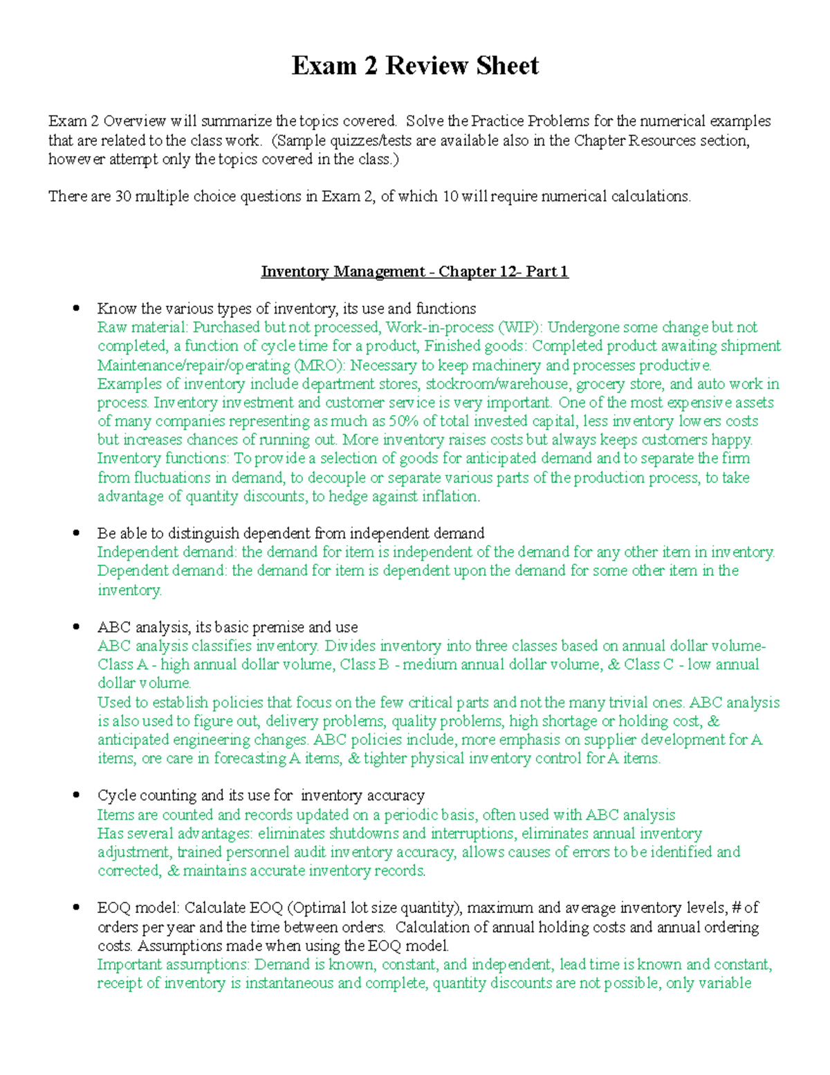 Exam 2 Review Sheet with answers - Exam 2 Review Sheet Exam 2 Overview ...