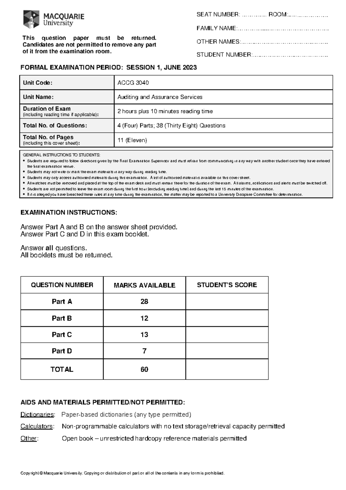 ACCG3040 2023S1 Final Exam Paper for Auditing & Assurance Services ...