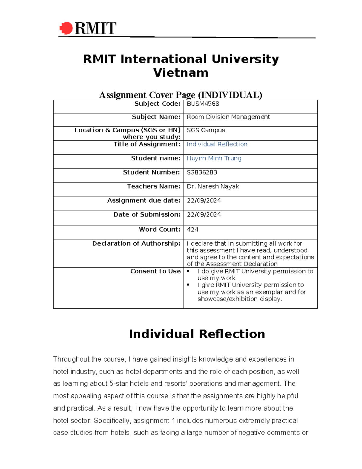 RMIT BUSM Individual Reflection Assignment Cover Sheet - Studocu