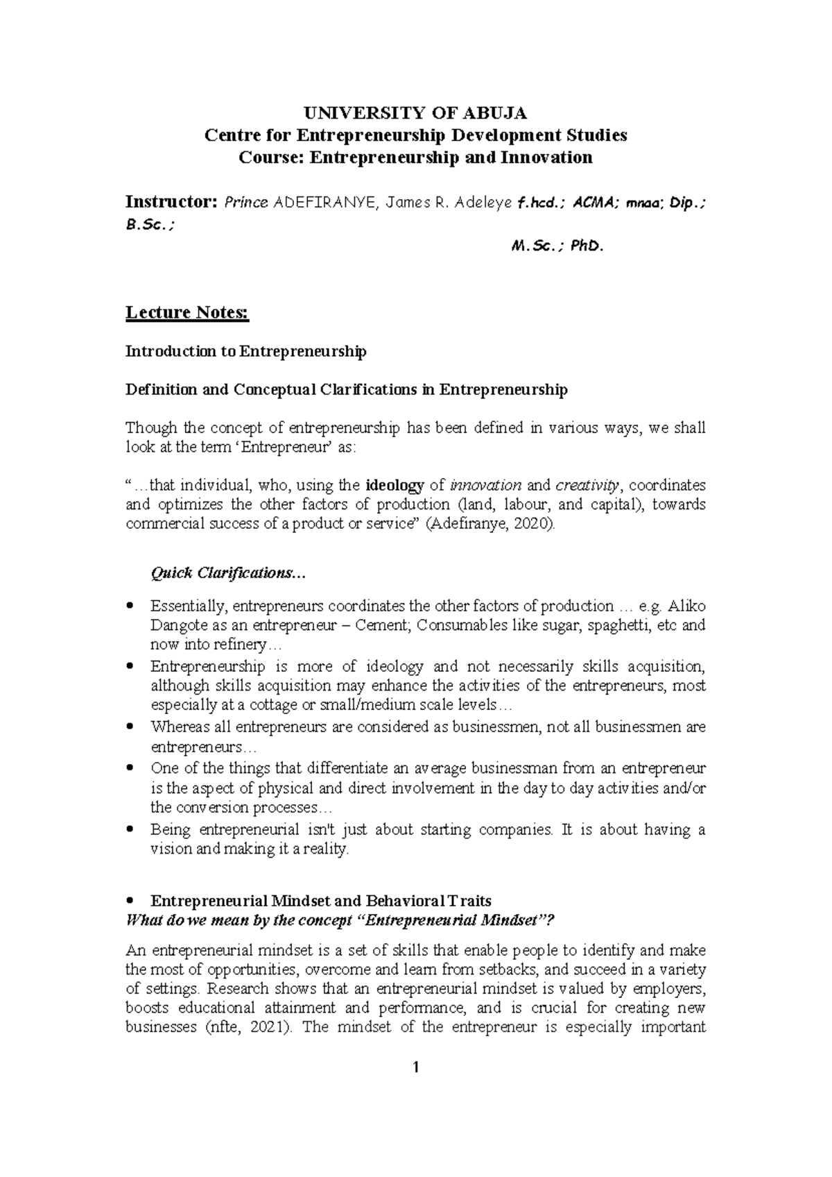 ENT 211 Lecture Notes: Introduction to Entrepreneurship Concepts - Studocu