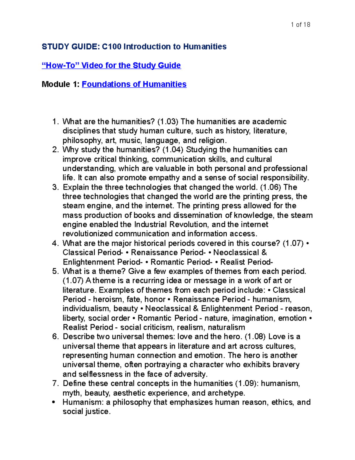 C100 study guide outline (1) - STUDY GUIDE: C100 Introduction to ...