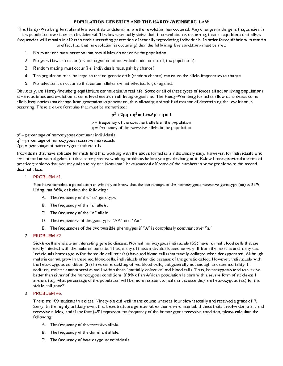 Hardy-Weinberg Problem Set: Population Genetics & Law - Studocu