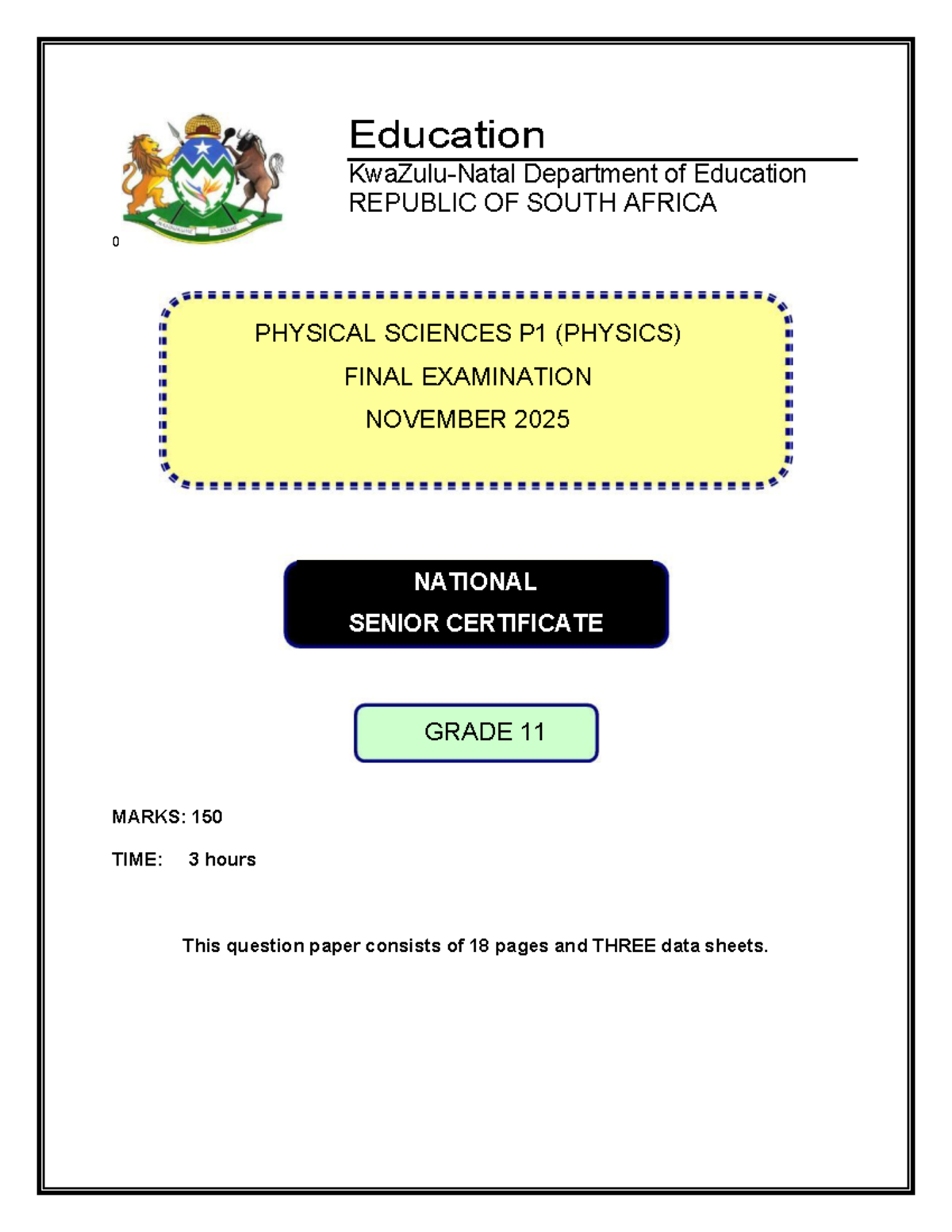Grade 11 Physical Sciences P1 Final Exam QP KZN November 2025 - Studocu