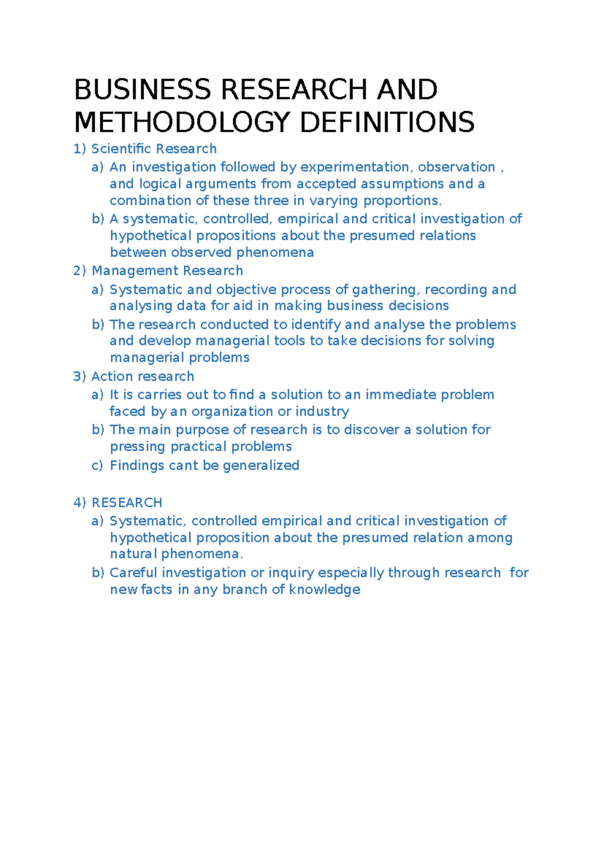 BUS 301: Definitions of Business Research & Methodology Concepts - Studocu