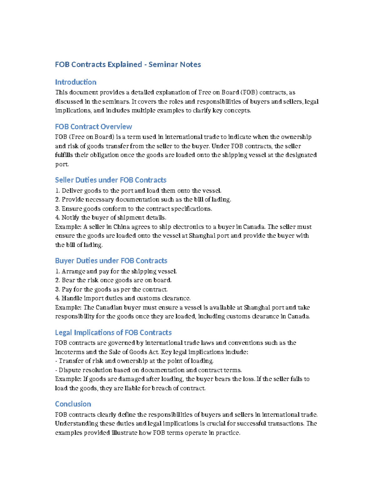 FOB Contracts Explained: Seminar Notes on Buyer & Seller Duties - Studocu