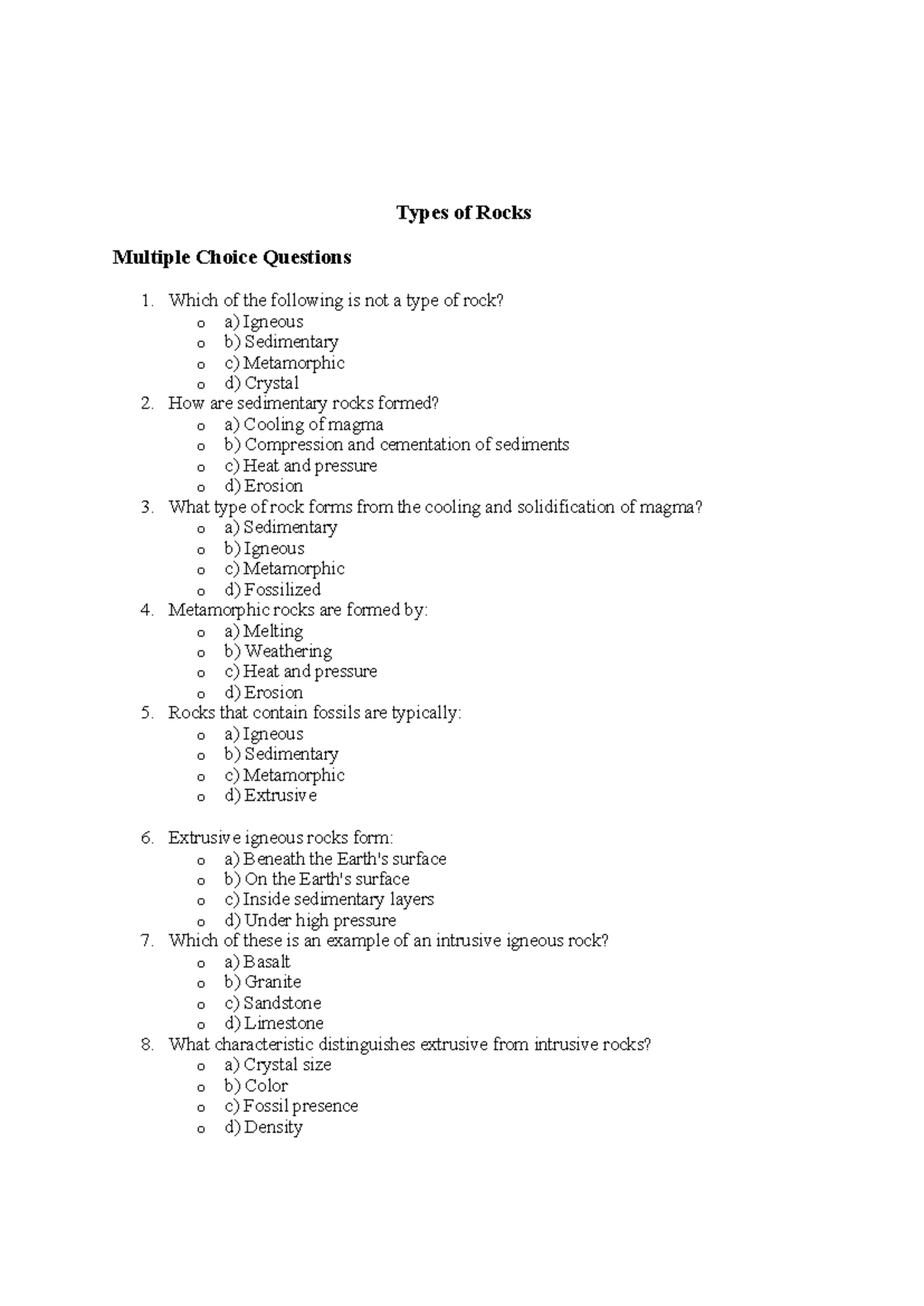 Types of Rocks MCQ & Notes for Test - Geology 101 - Studocu