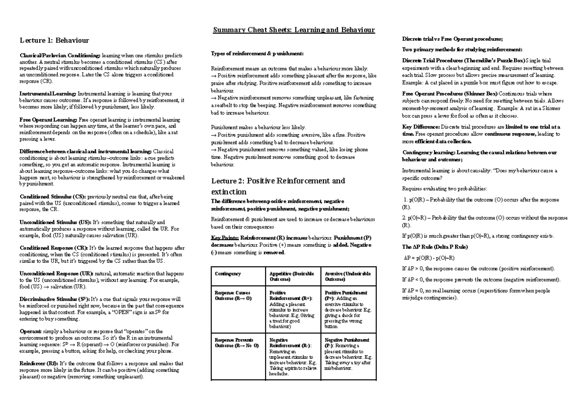 Learning and Behaviour (PSY101) Week 1 Summary Notes: Conditioning ...
