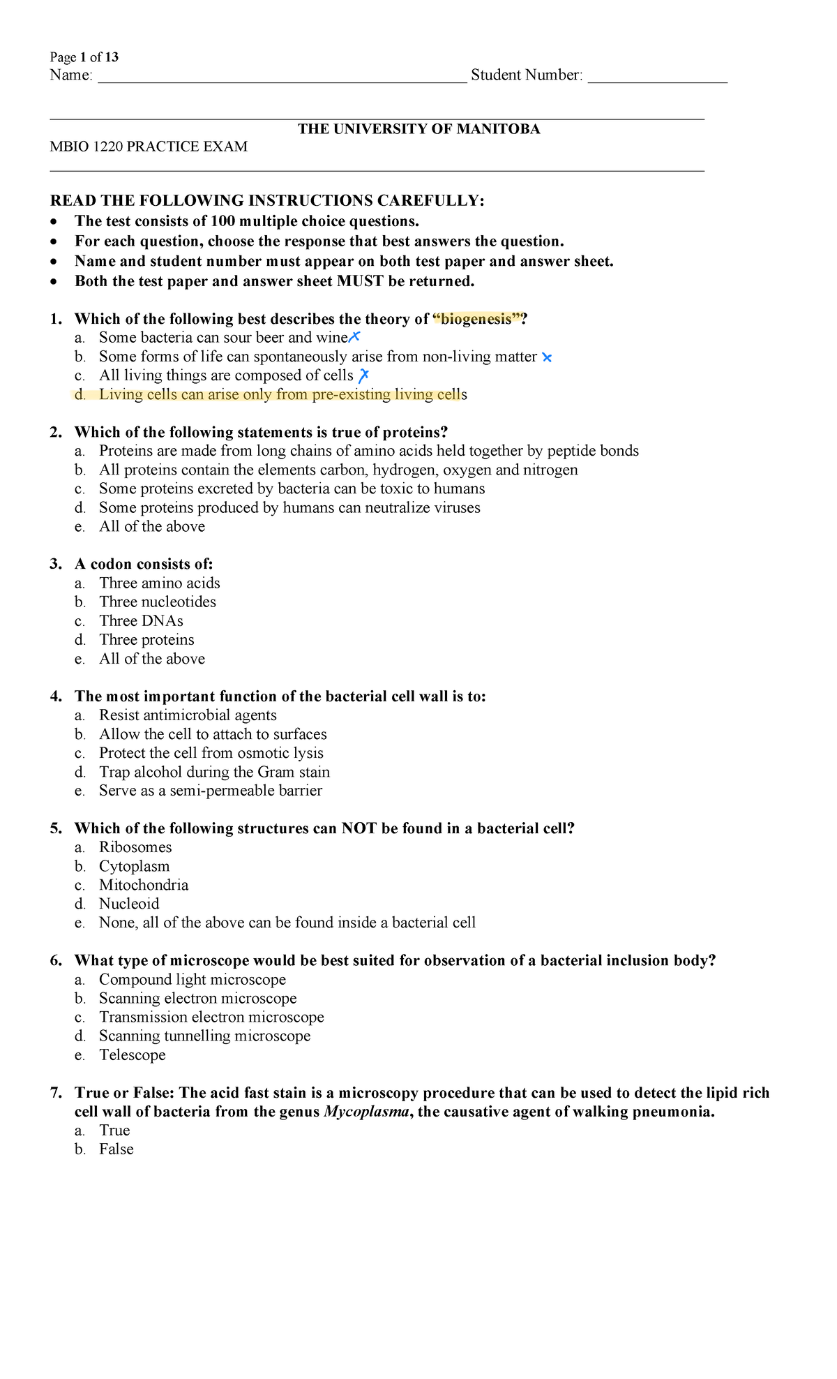 MBIO 1220 Practice final exam - Name: _____________________________________________ Student ...