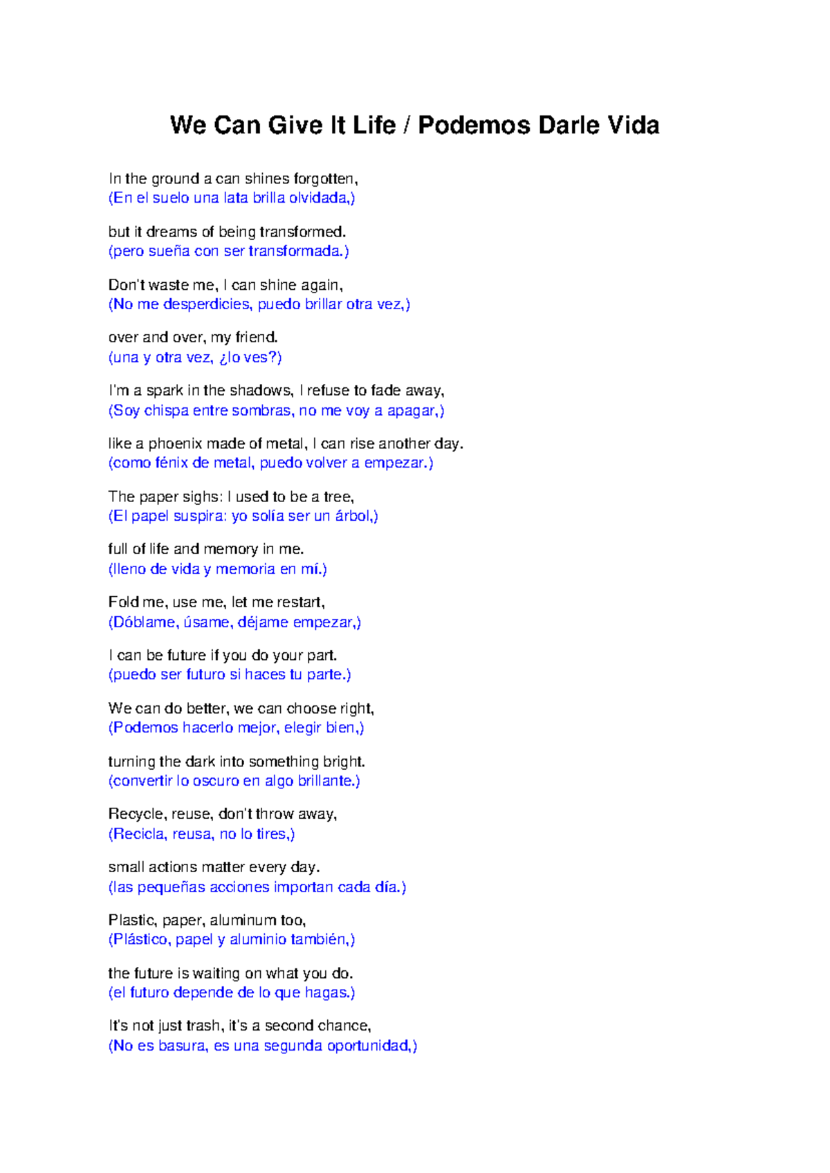 We Can Give It Life: Bilingual Poem on Recycling and Renewal - Studocu