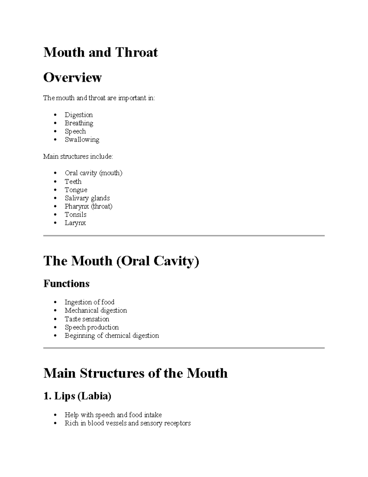 Mouth and Throat Overview: Key Functions and Structures - Studocu