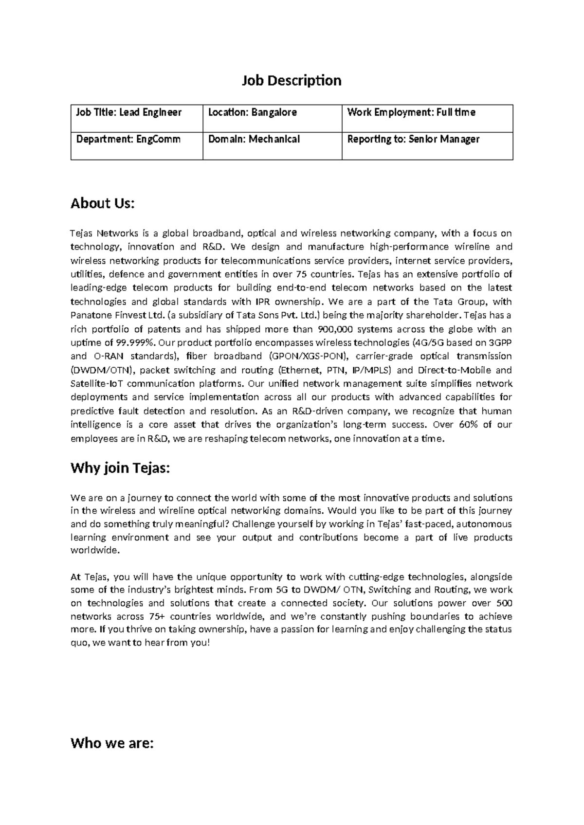 Eng Comm - Mechanical - Lead Engineer - External Template - Job ...