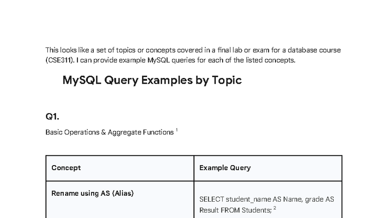 CSE311 Final Lab: MySQL Query Examples by Topic - Studocu