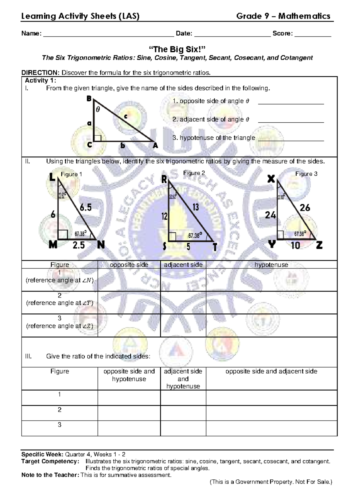 Q4 Math 9 LAS: Exploring Six Trigonometric Ratios - Studocu