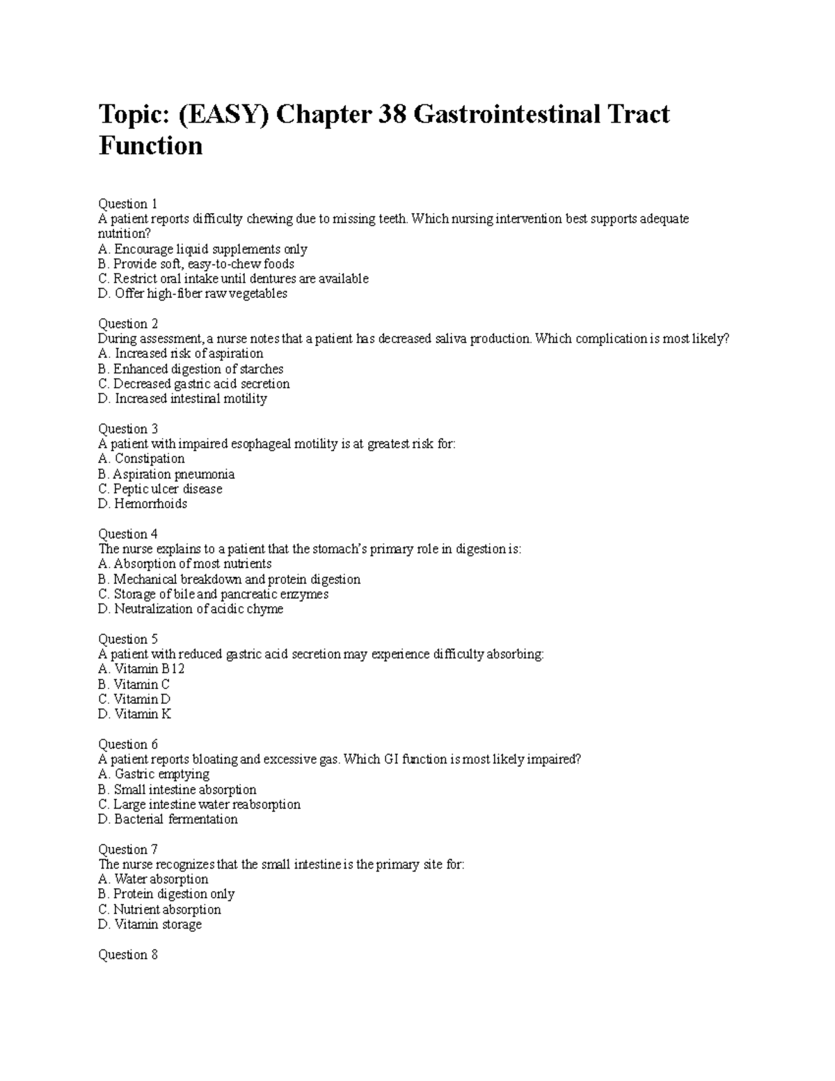 Gastrointestinal Tract Function: Chapter 38 Study Guide (HARD) - Studocu