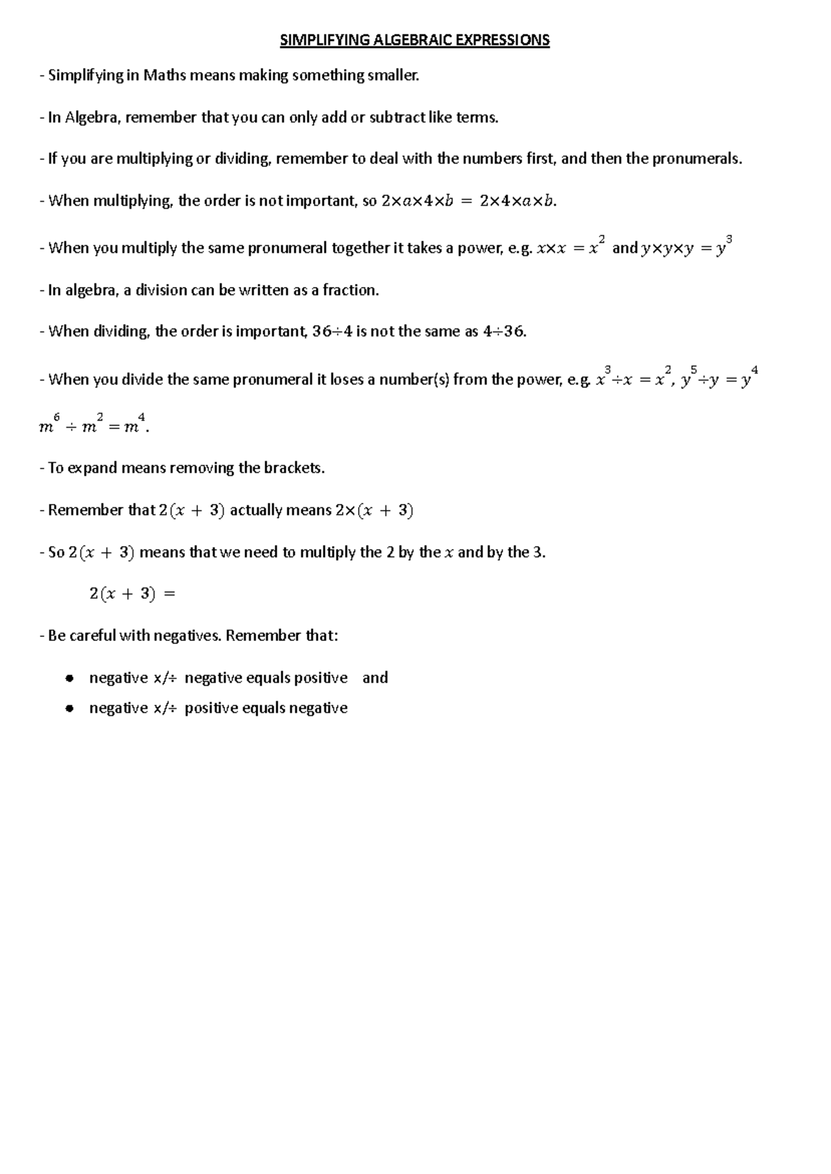 MATH101: Simplifying Algebraic Expressions Guide - Studocu
